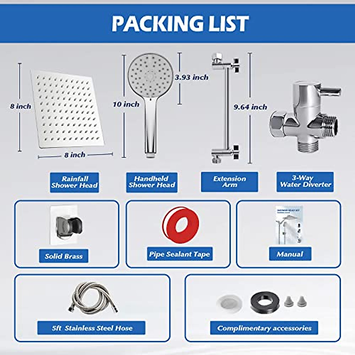 Shower Head,8”Rain Shower Head with Handheld Spray Combo with ON/OFF Pause Switch and 11'' Angle Adjustable Extension Arm/Flow Regulator,Shower Heads High Pressure Easy to Clean Bathtub,Chrome