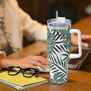 Xiexide 40oz Rustproof Outdoor Green Botanical Palms Leaves Double Walled Vacuum Insulatedith Handle And Straw,Hot & Cold Drinks