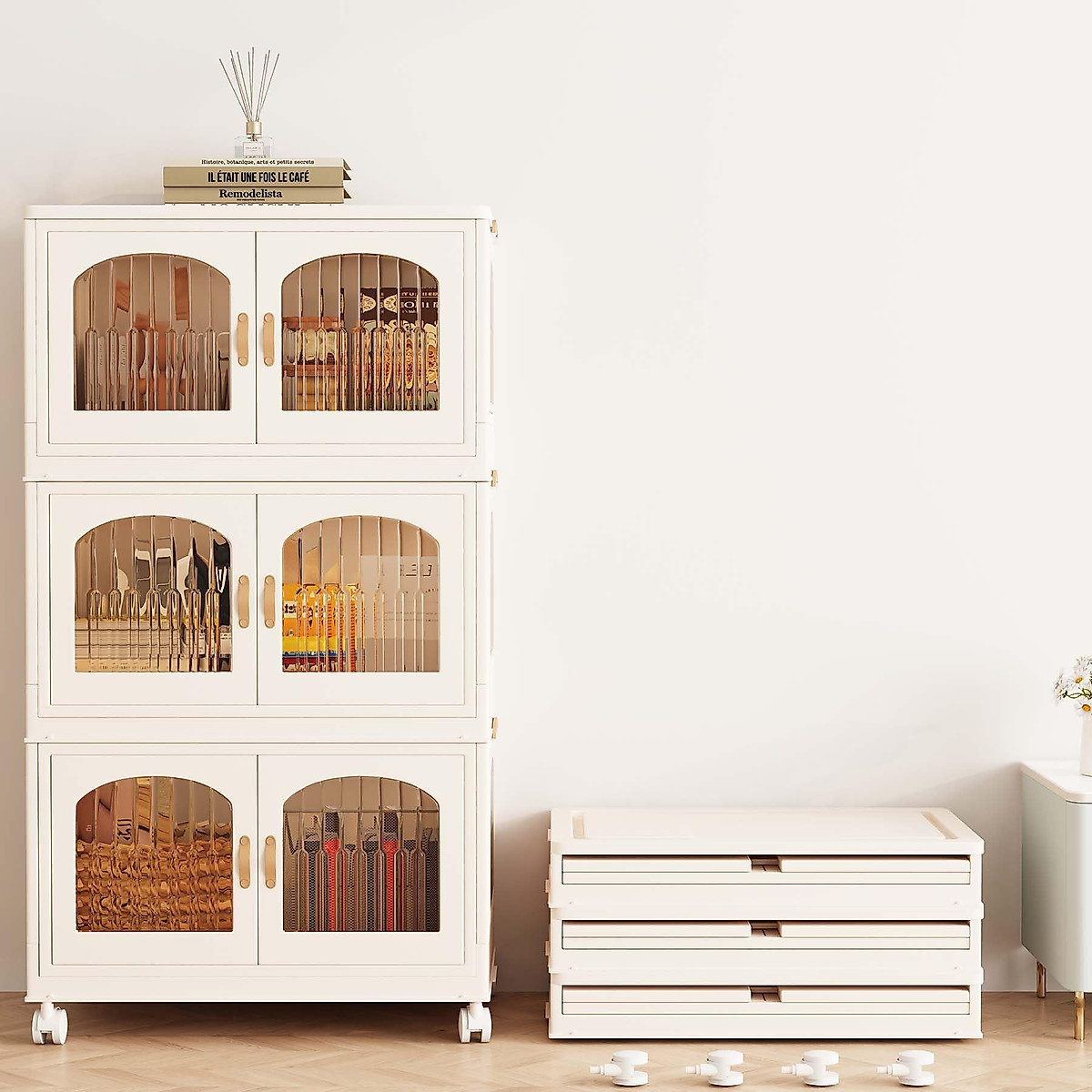 Collapsible Storage Bins with Wheels and Lid - 3 x 21.6GAL Extra Large Stackable Storage Containers, 245 Quart Plastic Foldable Closet Organizers and Storage Cabinet for Bedroom, Dorm, White