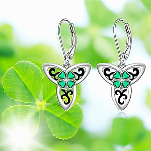 St Patricks Day Earrings Shamrock Earrings for Women Sterling Silver Celtic Knot Green Four Leaf Clover Earrings triangle Jewelry Friendship Irish Birthday Gifts