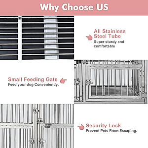 48" Heavy Duty Dog Crate Cage Kennel with Wheels, Full Stainless Steel High Anxiety Indestructible Dog Crate, Sturdy Locks Design, Double Door Small Door Design & Removable Tray Design (Silver)