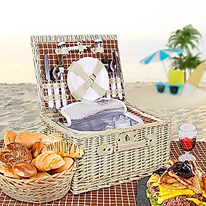 Willow Picnic Basket Set for 4 Person Wicker Hamper Sets with Picnic Blankets, Picnic Cutlery Service Kit, Insulated Cooler Compartment, Best Gifts for Couples, Family, Camping,Outdoor Party - Brown