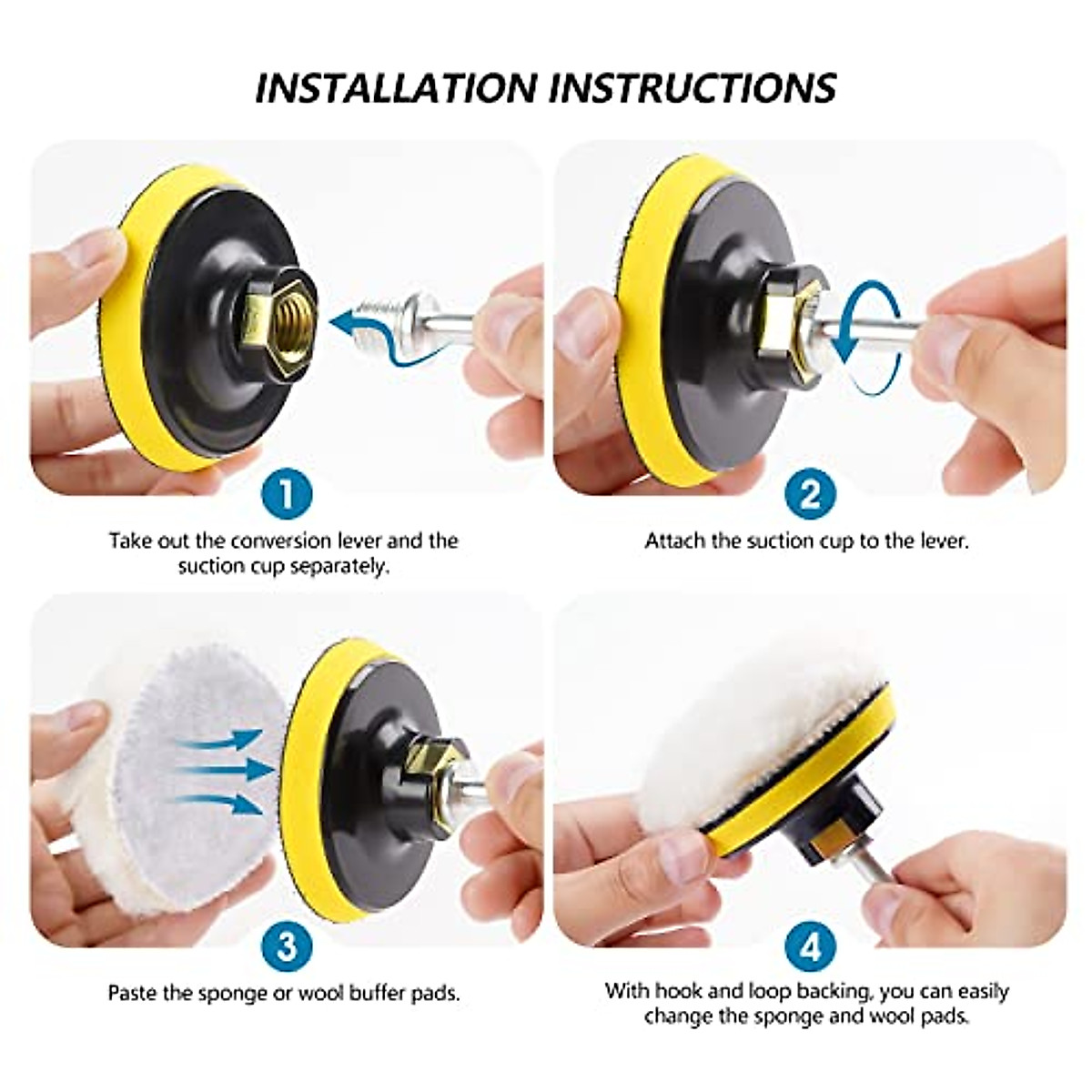 MIDO PROFESSIONAL ABRASIVE Buffing Pads For Drill 22PCS Foam Drill Buffing Kit Car Drill Polishing Kit for Car Sanding, Buffing, Waxing(18 Pads+2 Drill Adapters+2 Suction Cups)