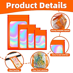 100PC Smell Proof Bags 4 Size Resealable Mylar Holographic Bags with Clear Window - Odor-Proof Packaging Pouches for Food Candy Storage, Eyelashes, Jewelry, Electronics,Small Business (Orange)