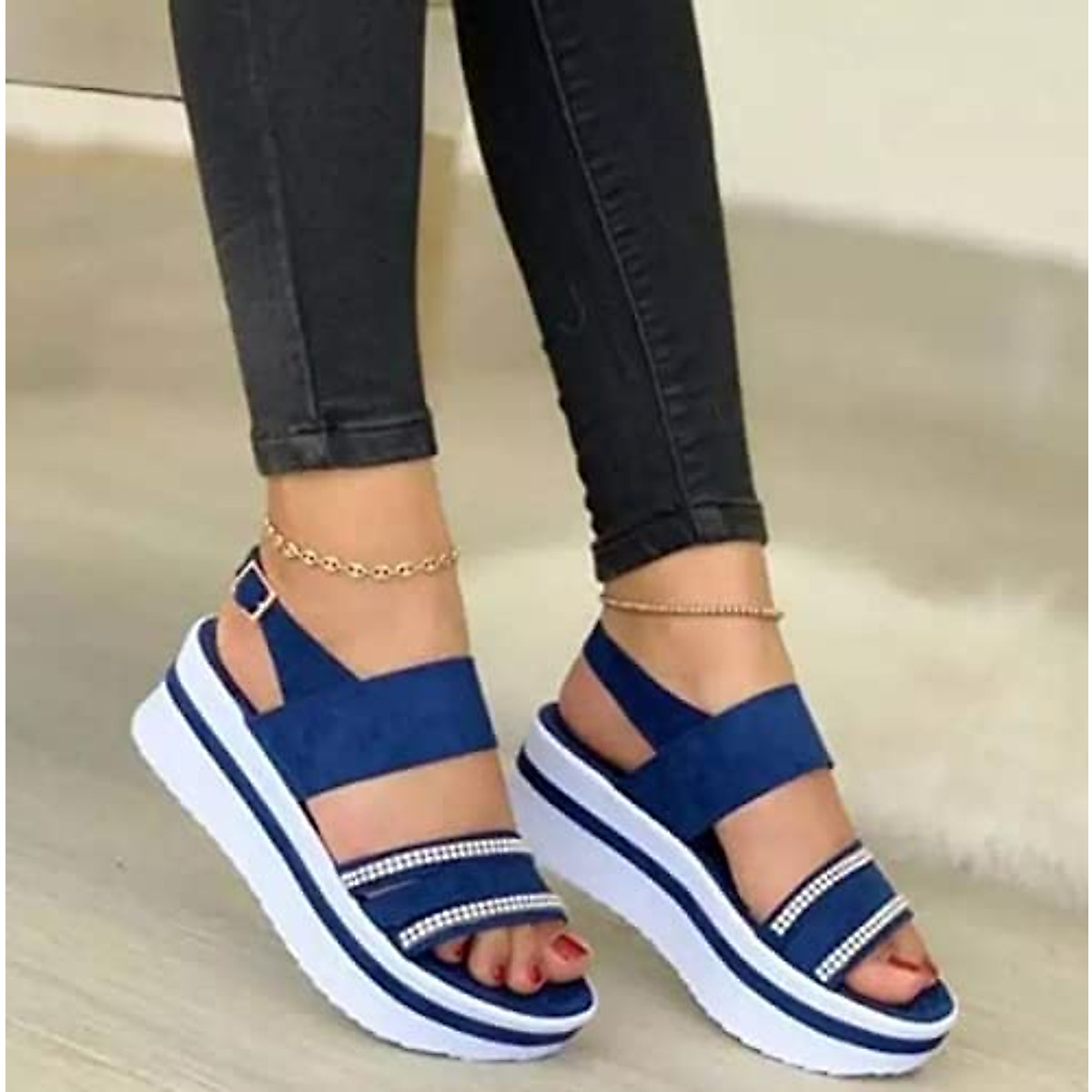 HIONRE Sandals Womens Wedge,Solid Color Simple Women's Shoes, Thick Sole Fashion Sandals,Blue,39,Breathable Wedges Sandals