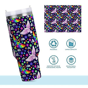 Emelivor Colorful Birds Cloud 40 oz Tumbler with Lid and Straw Insulated Tumblers with Handle Large Travel Coffee Mug Stainless Water Cup Fits in Car Cup Holder