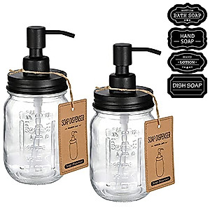 Amolliar 4PCS & 2pcs Black Mason Jar Bathroom Accessories Set-3 pcs Lotion Soap Dispenser & 2 pcs Cotton Swab Holder &1pcs Toothbrush Holder,Waterproof Stickers,Rustic Farmhouse Decor
