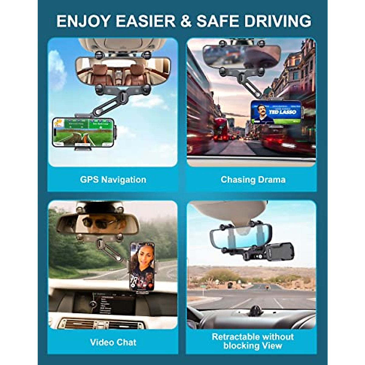 TOPGO Updated Rotatable and Retractable Car Phone Holder- Rear View Mirror Phone Holder, Upgrade Adjustable Car Phone Holder Mount for iPhone, Samsung and All Smartphones