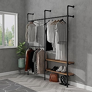 LANJIN Industrial Pipe Clothing Rack,Clothes Rack for Wardrobe, Bedroom and As Walk-in Closet System.Sturdy Clothing Racks for Hanging Clothes,Wall Mounted Heavy Duty Clothes Rack,Black D