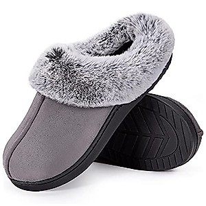Women's Classic Microsuede Memory Foam Slippers Durable Rubber Sole with Warm Faux Fur Collar (9-10 M, Dark Gray)