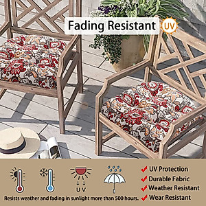 Magpie Fabrics Outdoor/Indoor Tufted Seat Cushion with Ties Set of 2, 19"x19" Waterproof Patio Chair Pads Tatami Floor Pillow for Room Garden Balcony Office Decor(Botanical Red)