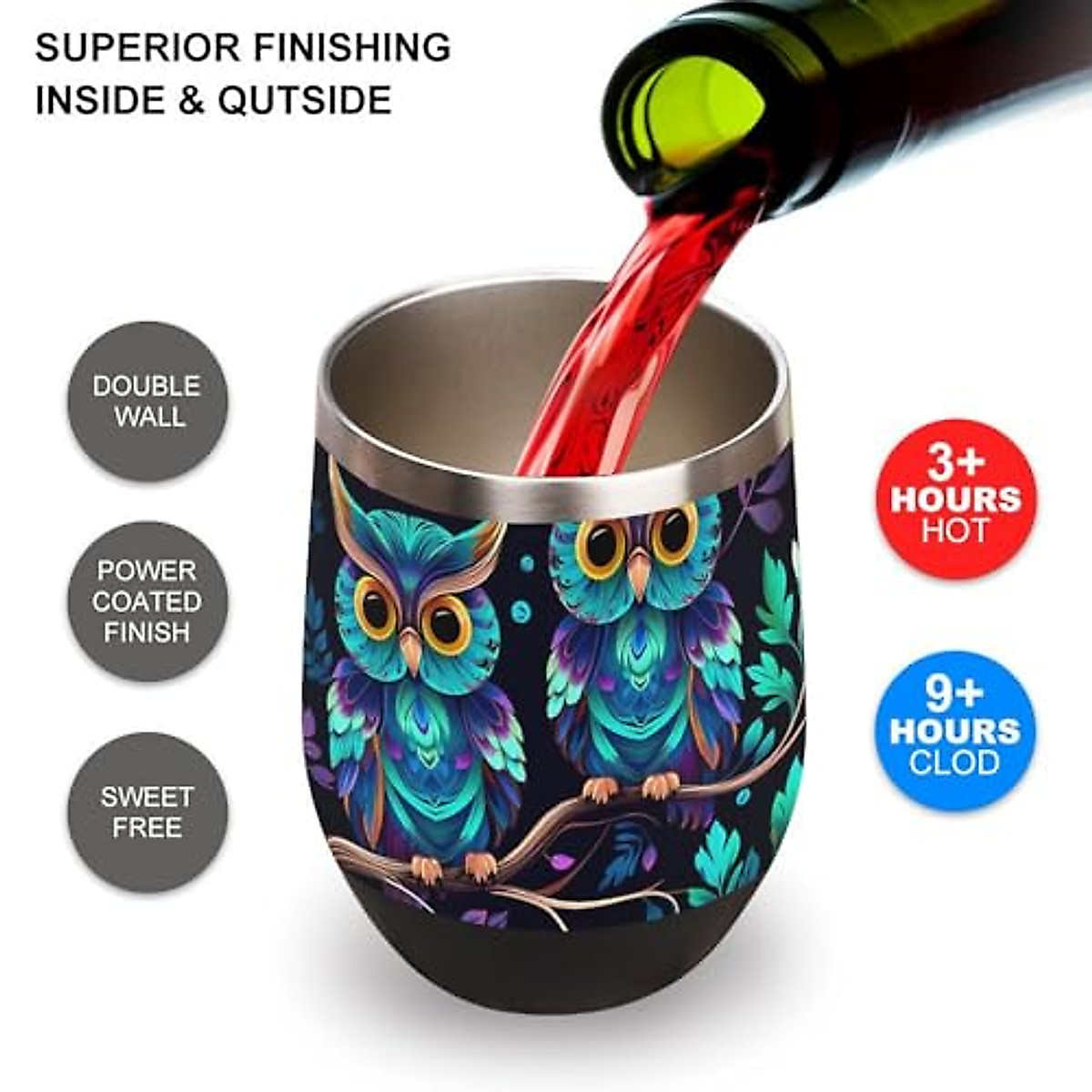 304 Stainless Steel Purple And Green Owl Printed Eggshell Thermos Cup with Switchable Drinking Spout