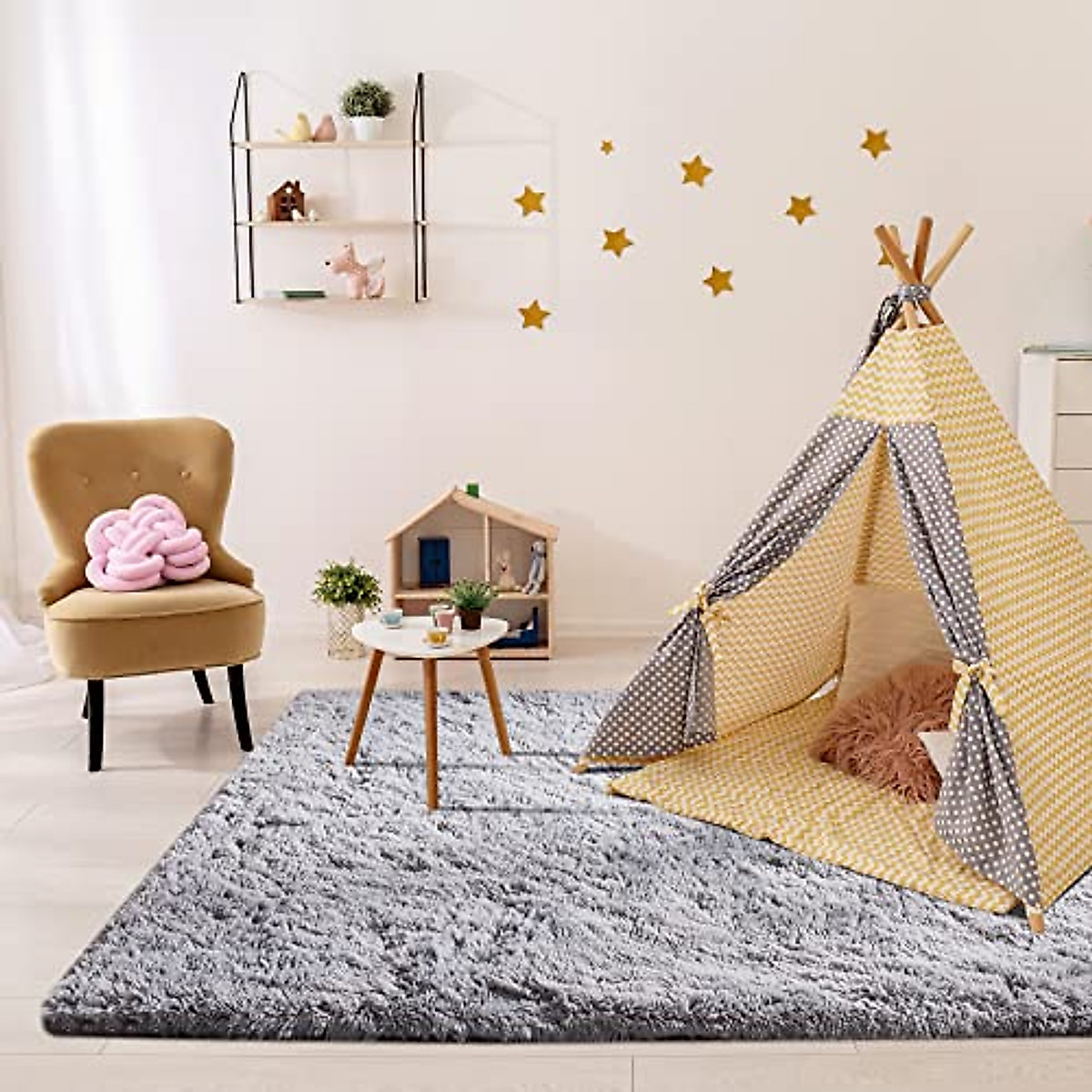 GKLUCKIN Shag Ultra Soft Area Rug, Fluffy 8'x10' Light Grey Rugs Plush Fuzzy Non-Skid Indoor Faux Fur Rugs Furry Carpets for Living Room Bedroom Nursery Kids Playroom Decor