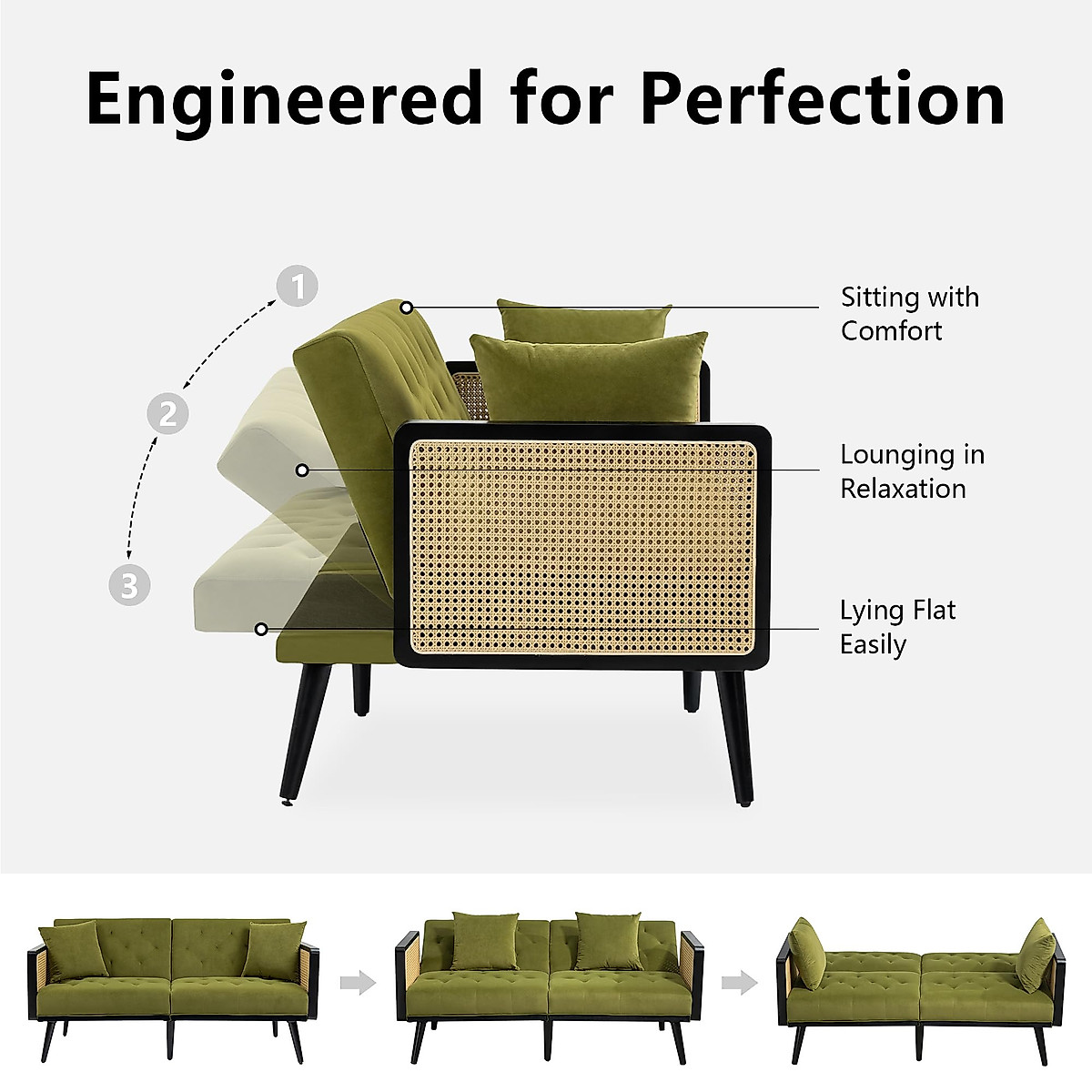 Dolonm 62 Inch Velvet Sofa with Rattan Armrests and 2 Pillows, Loveseat Sofa with Metal Feet, Modern Convertible Futon Couch, Multi-Functional Sofa Bed, Accent Sofa for Living Room, Olive Green