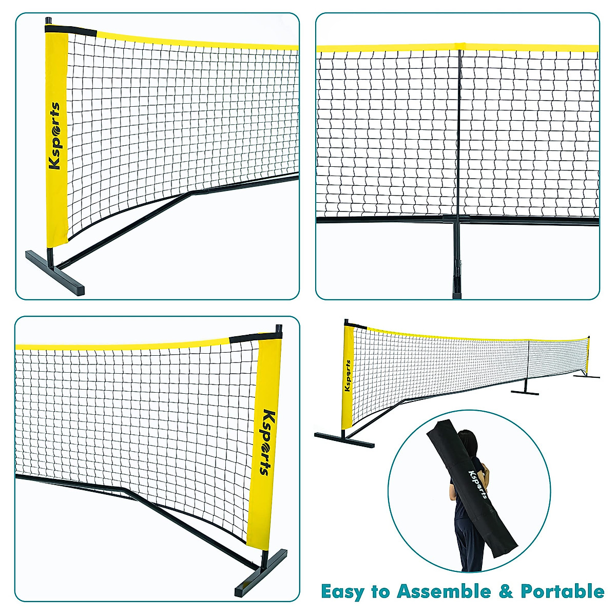 Ksports Regulation 22 feet Pickleball Net Bundle, can be Used as Recreation Tennis or Badminton Net Blue, Comprises of One Net, 4 LED Shuttlecocks, Carry Bag and 2 Pickleballs (Yellow)