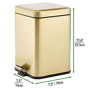 mDesign Slim Metal Square 1.5 Gallon Trash Can with Step Pedal, Easy-Close Lid, Removable Liner - Narrow Wastebasket Garbage Container Bin for Bathroom, Bedroom, Kitchen, Office - Soft Brass