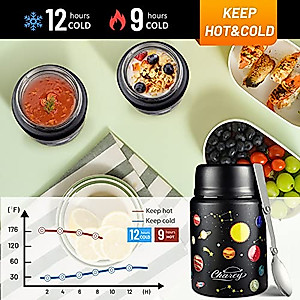 Charcy 17 Ounce Kids Thermos for Hot Food - Soup Thermos with Folding Spoon - Insulated Food Jar for Hot & Cold Food - Straight Black Planet