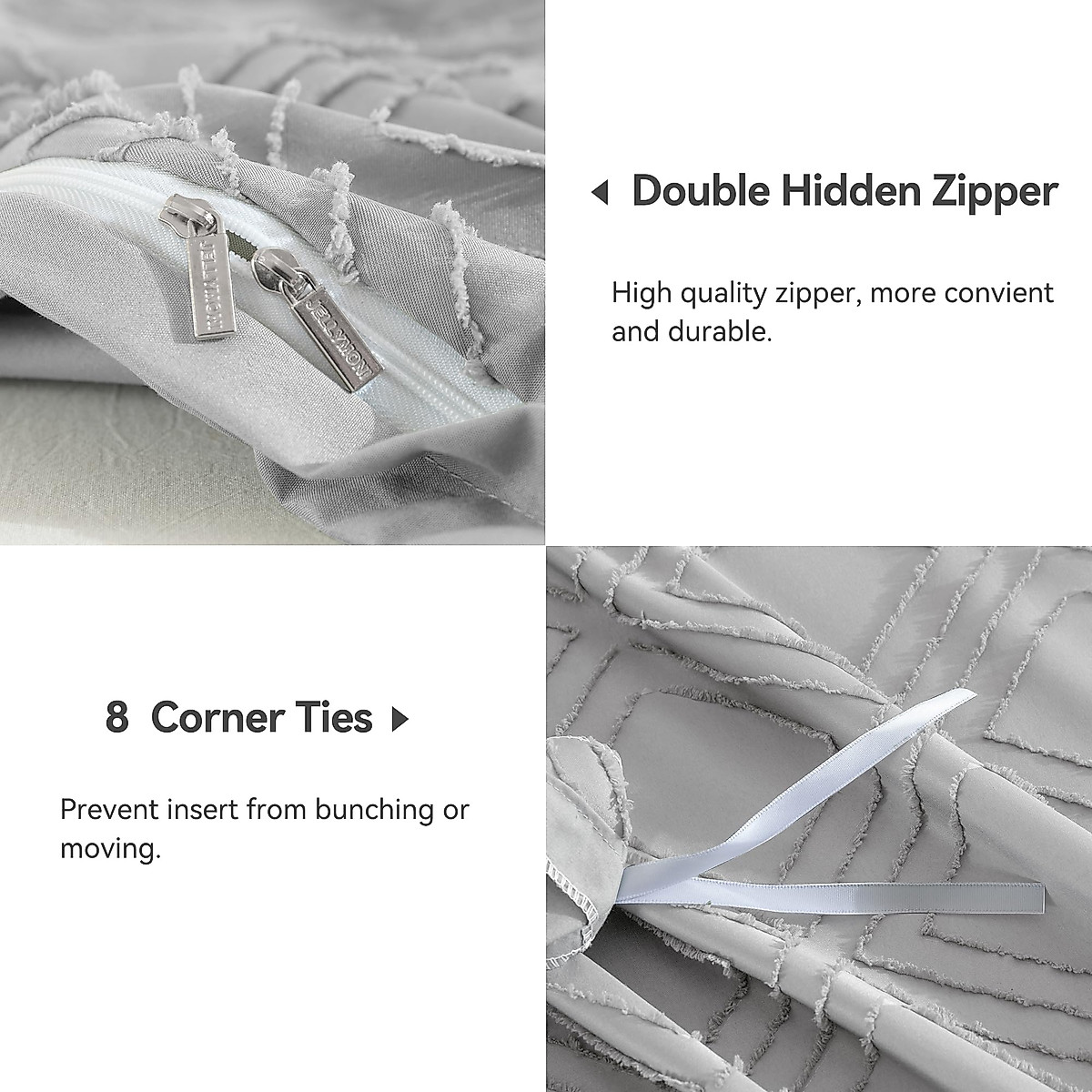 JELLYMONI Light Grey Duvet Cover Queen Size - 3 PCS Microfiber Tufted Duvet Cover Set, Boho Textured Duvet Cover Jacquard Rhombus Geometric Pattern Duvet Cover with Corner Ties & Zipper Closure