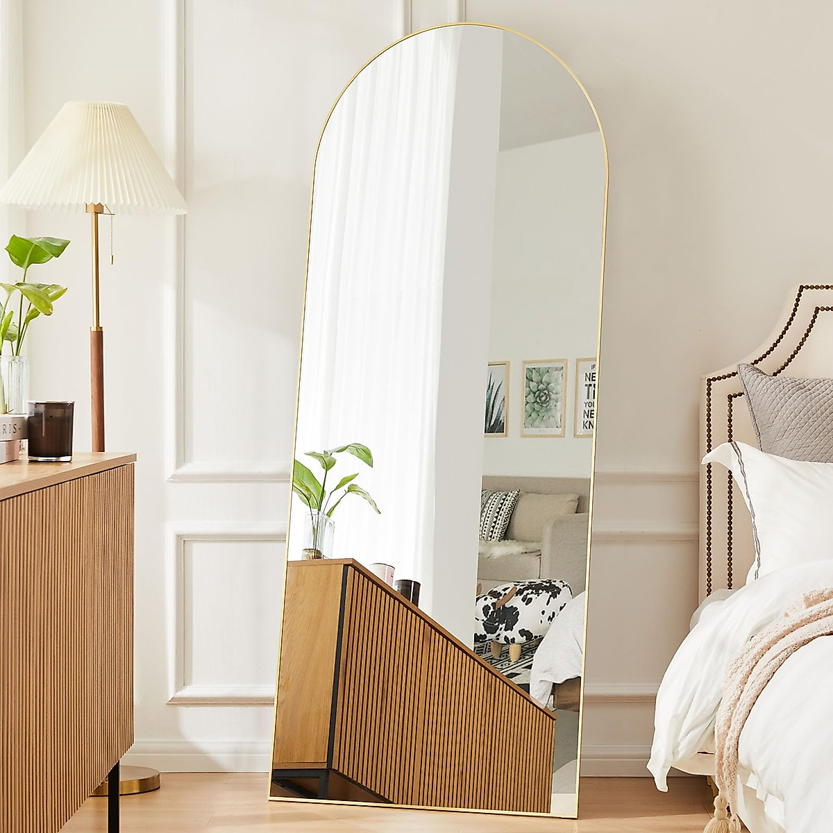 Sweetcrispy Arched Full Length Mirror 64"x21" Full Body Mirror Floor Mirror Standing Hanging or Leaning Wall, Large Arch Wall Mirror with Stand Aluminum Alloy Thin Frame for Bedroom Cloakroom,Gold