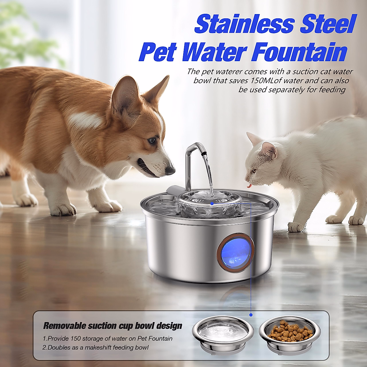 Hicuper Cat Water Fountain,108oz/3.2L Stainless Steel Cat Fountain and Removable Water Bowl,Pet Fountain with Water Level Window,Quiet Pump,Multi-Filter, Water Tap, Provides Flowing,for Dog Cats
