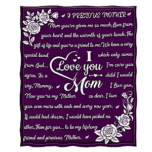 Jekeno I Love You Mom Gift Blanket, Double Sided Printed Throw Birthday Gifts for Women Unique Mom Gifts from Daughter or Son for Birthday, Mothers Day, Christmas, Warm Soft 50"x60" (Purple)