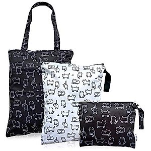 3pcs Waterproof Reusable and Washable Wet Dry Bag Baby Clothes Diaper Stroller Water Resistant Swimsuit Travel Toiletries Pouch Yoga Gym Laundry Shoe Beach Electronic Product Small Medium Large Cat
