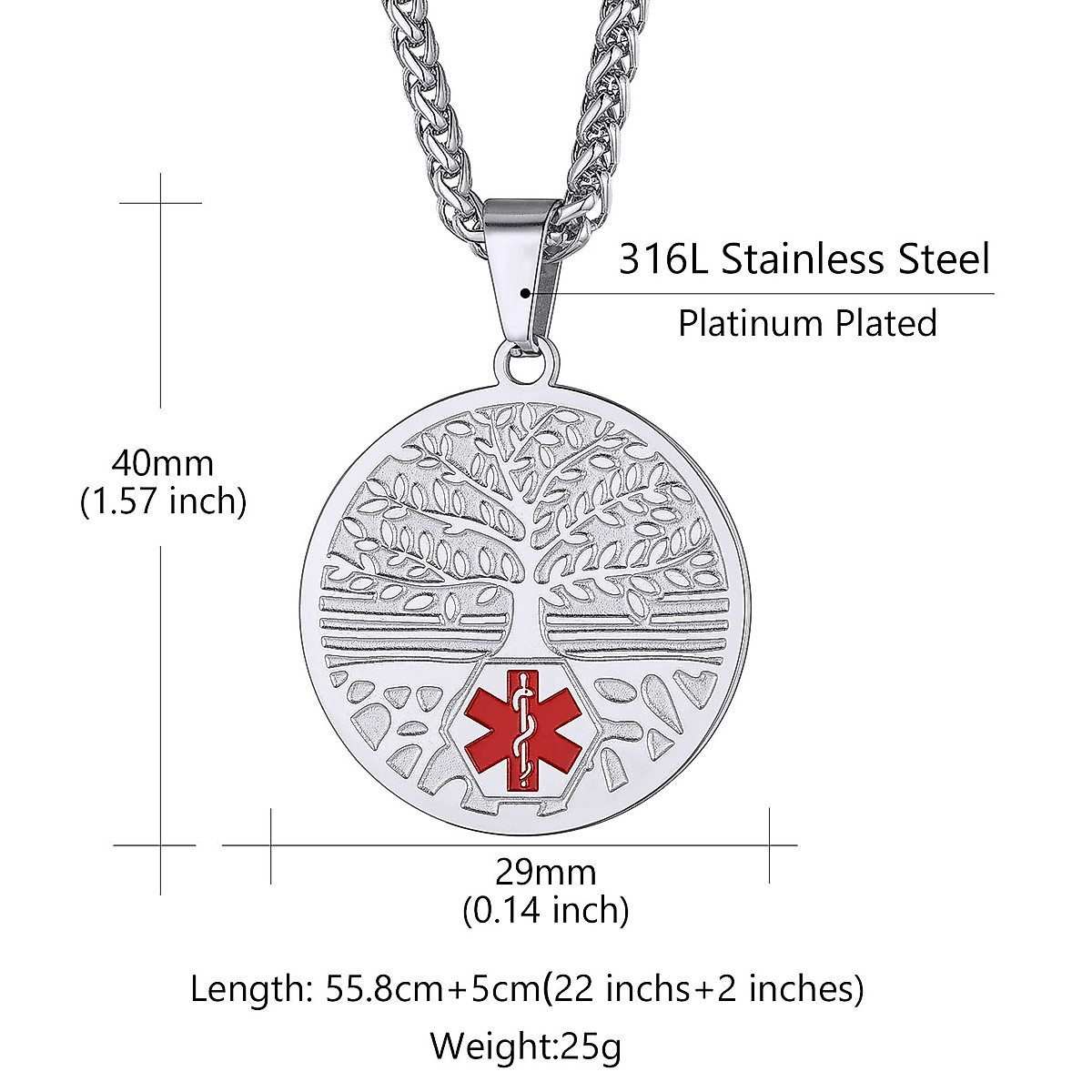 Custom4U Medical Alert Necklace for Women Men Personalized Stainless steel Medical ID Tag Pendant with Free Engraving