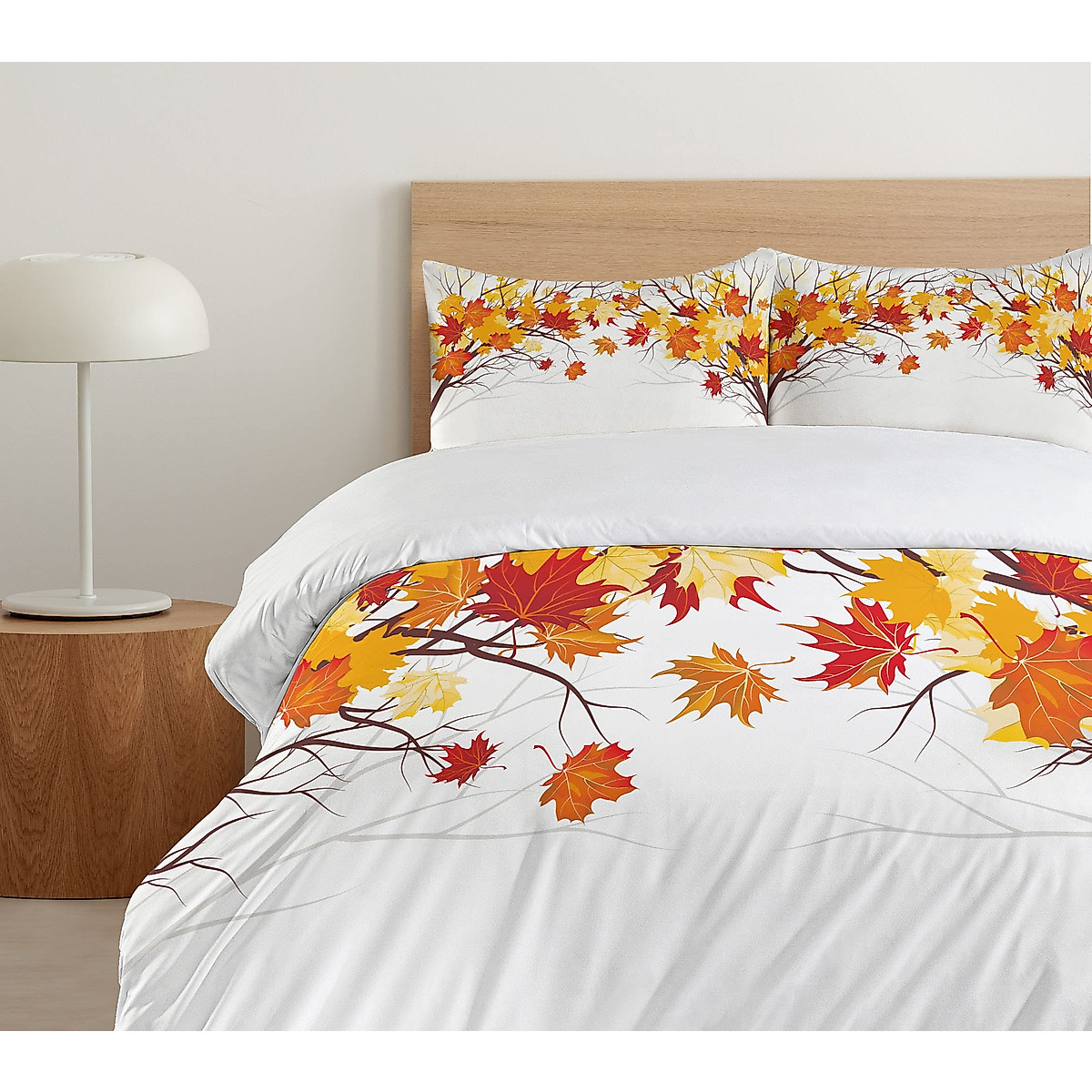 Ambesonne Fall Duvet Cover Set, Image of Canadian Maple Tree Leaves in Autumn Season Soft Reflection Effects, Decorative 3 Piece Bedding Set with 2 Pillow Shams, Queen Size, Orange White