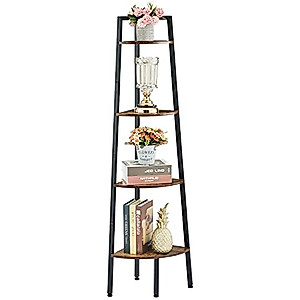 Hoctieon Corner Shelf, 4-Tier Corner Bookshelf, Rustic Corner Ladder Shelf, Industrial Display Shelf for Living Room, Kitchen, Home Office, Balcony, Small Space, Metal Frame, Rustic Brown
