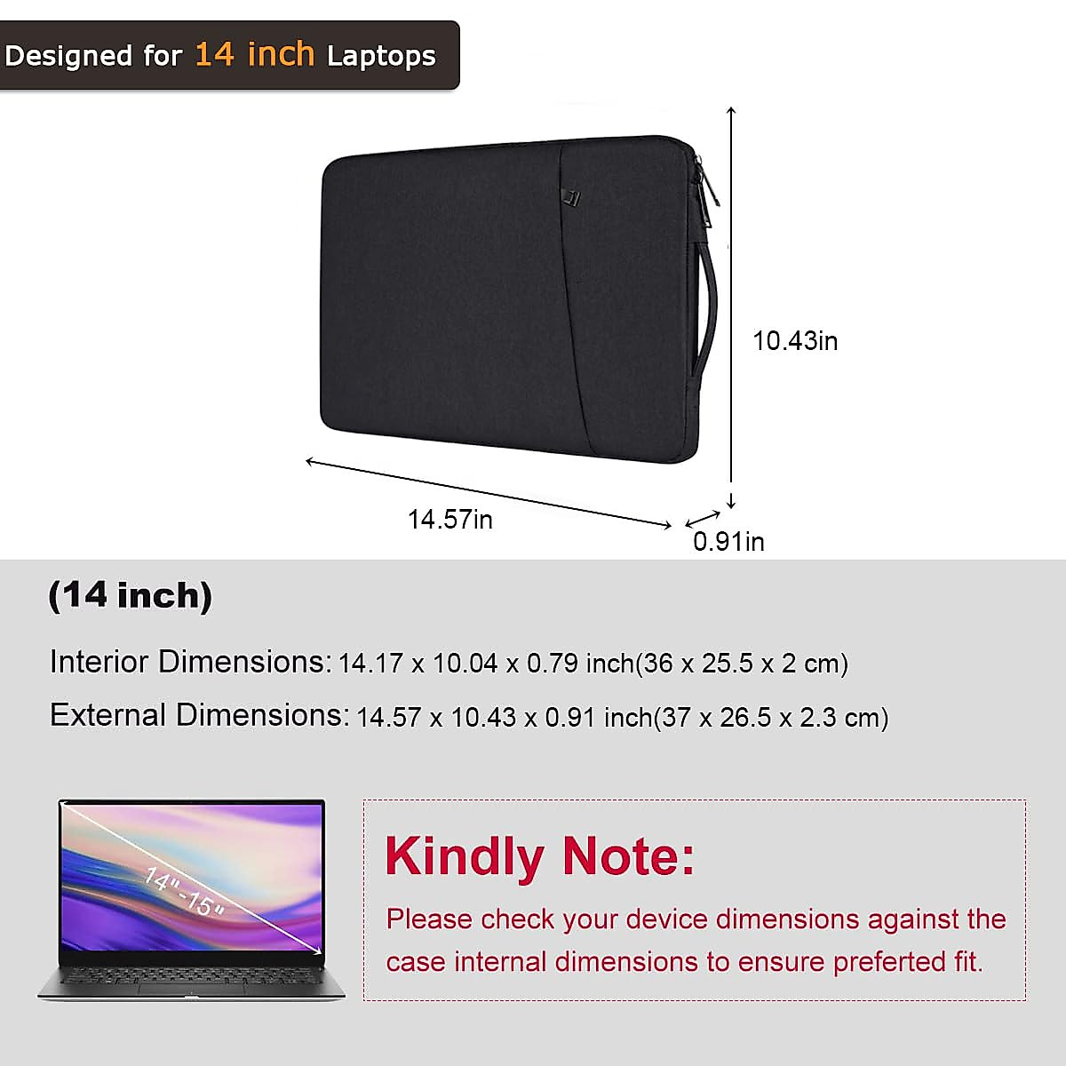 14 inch Laptop Sleeve Case for HP Pavilion 14, HP Envy 14, Lenovo, Dell, ASUS, Acer Chromebook 14 & Dell Inspiron 14 - Water-Resistant Bag with Handle - Black