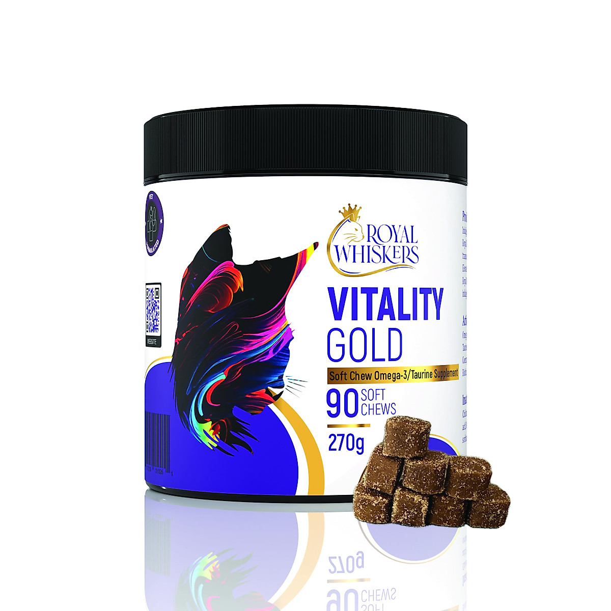 Royal Whiskers Vitality Gold: Feline Health Chews - Omega 3,Taurine,CoQ10, & Biotin Rich - Vet-Formulated for Cell,Heart,Brain, Vision Wellness - 90 (3g) Chews, Made in USA