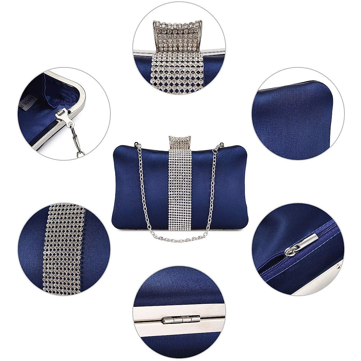 DA BODAN Fashion Womens Jane Satin Diamante Clutch Rhinestone Evening Bridal Prom Party Handbag Crossbody Purse Chain Bag (Dark blue 1)