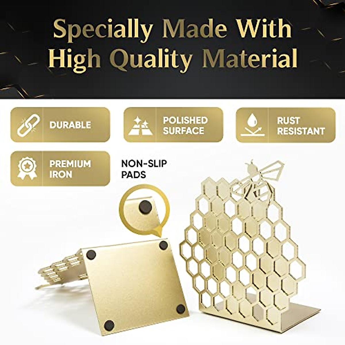 Honeycomb Book Ends - Premium Gold Decorative Bookends for Shelves - Heavy Duty Bookends for Heavy Books - Modern Metal Non-Skid Book Holders (1 Pair, 2 Pieces) by Special Lucy