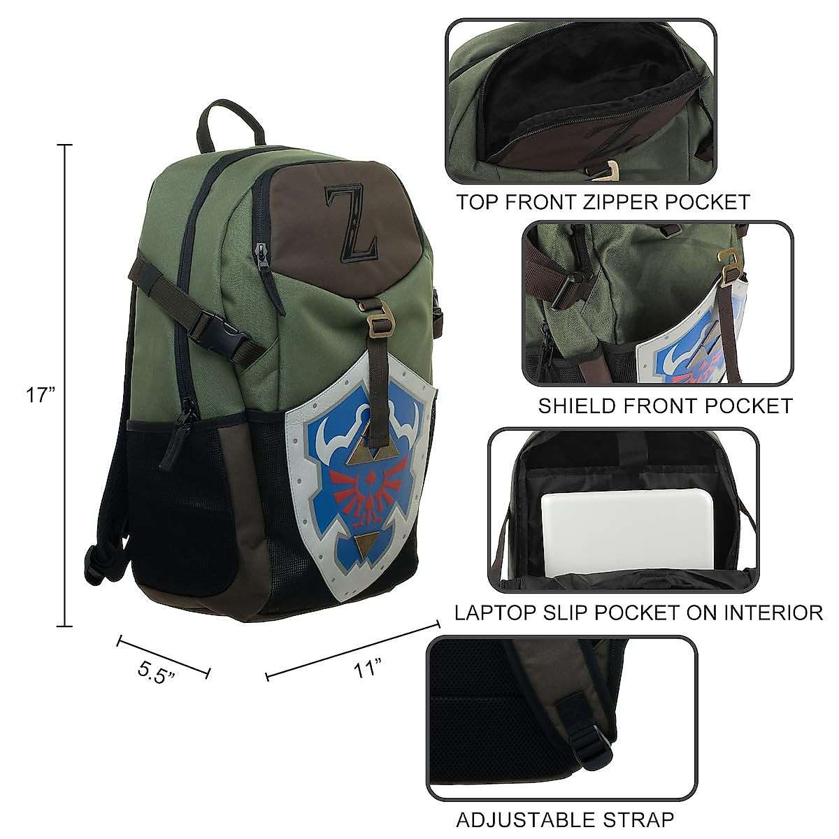 Nintendo Zelda Video Game Link Shield Green Canvas Backpack