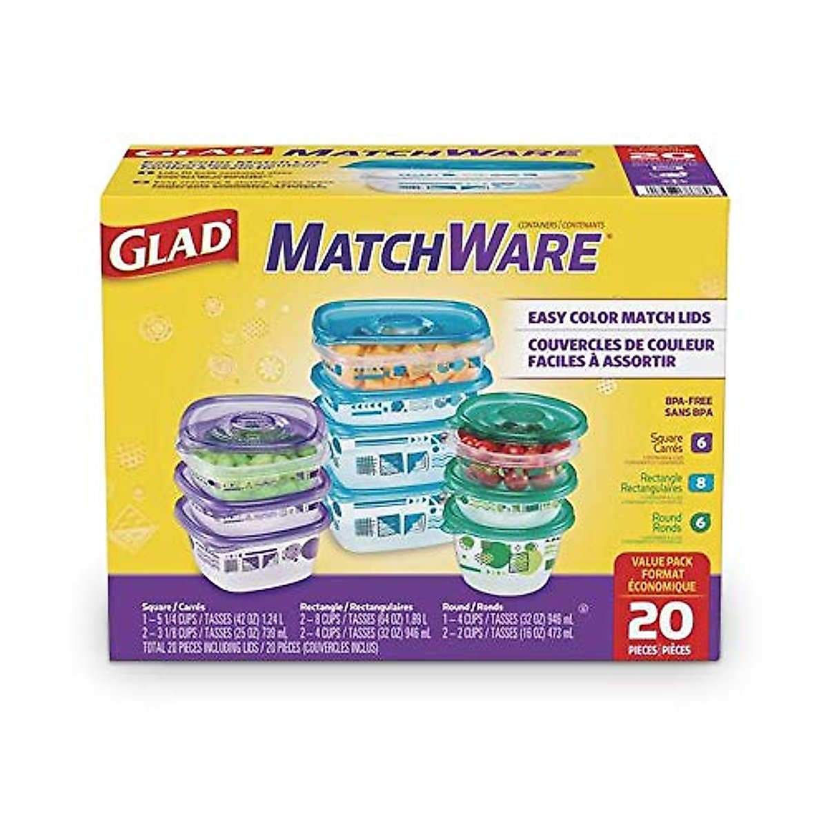 GladWare Matchware Food Storage Containers & Series Food Storage Containers, 4 Count | Strong and Durable Food Storage Food Containers for Everyday Use | Use to Store Meals, Snacks, and Desserts