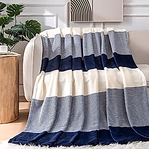 Homelike Moment Fleece Throw Blanket for Couch Navy Blue 50x60, Soft Cozy Blue White Striped Flannel Blankets for Sofa Bed Warm Lightweight (Navy Blue, 50x60 Inches)