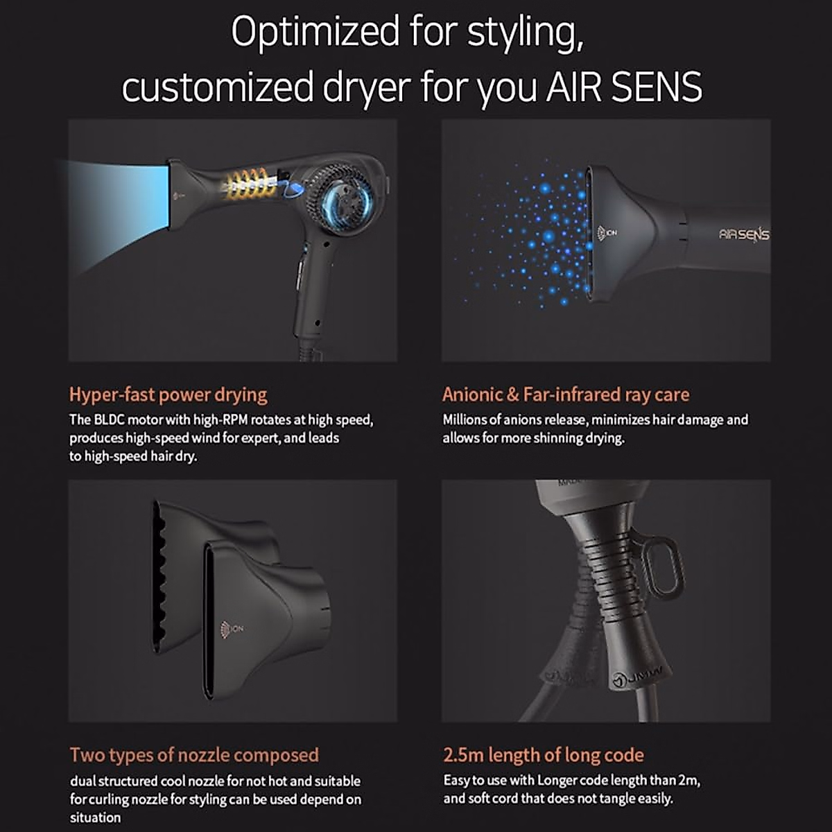 JMW AIR SENS Professional Hair Dryer - 3 Heat X 5 Wind Fast Drying, Low Noise, Curling, Durable, Best Blow Dryer Frizzy Hair, 2 Nozzles & Hair Dryer Comes with Holder for Salon Blowouts and Travel