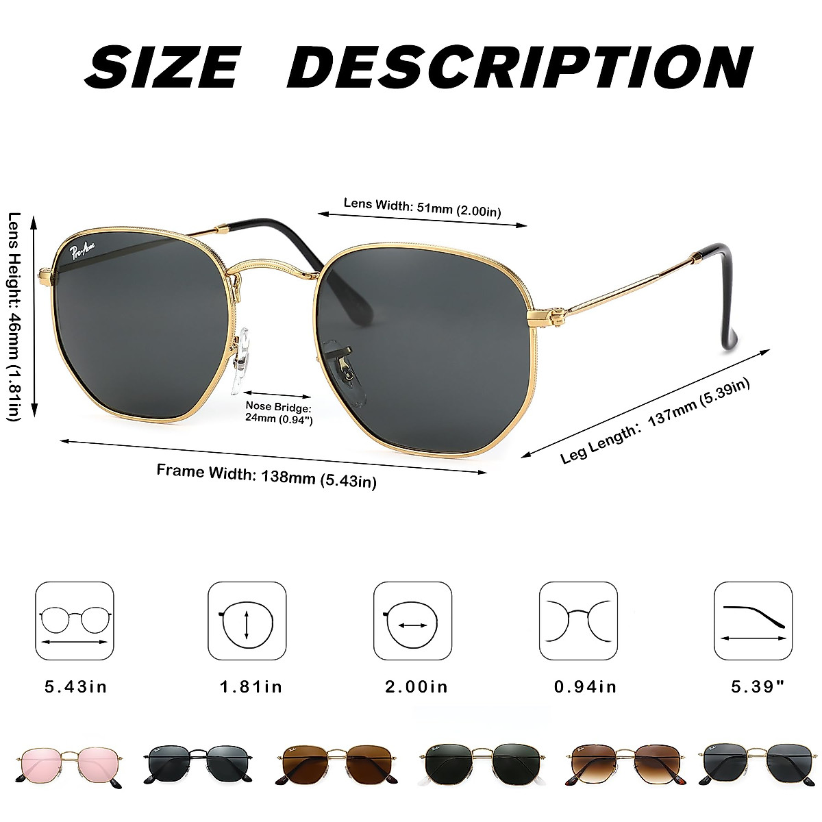 Pro Acme Small Square Sunglasses for Women Men 100% Real Glass Lens Hexagonal Frame (C1 | Gold | Grey, 51)