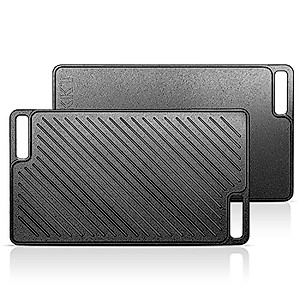 1-Piece 16.50 Inch Cast Iron Griddle Plate | Reversible Pre-Seasoned Cast Iron Grill Pan for Gas Stovetop | Double Sided Used on Open Fire & in Oven | Pre-Coated With Oil