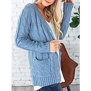 PRETTYGARDEN Women's Open Front Cardigan Sweaters Fashion Button Down Cable Knit Chunky Outwear Coats (Blue,Small)