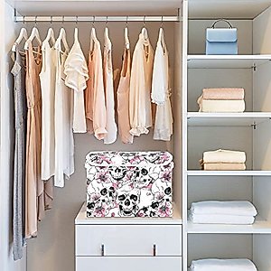 CaTaKu Skull Pink Cherry Storage Bins with Lids and Handles, Fabric Large Storage Container Cube Basket with Lid Decorative Storage Boxes for Organizing Clothes