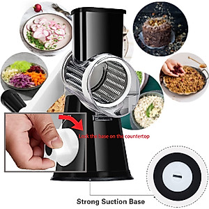 Handheld Rotary Cheese Grater Shredder- 3 Interchangeable Stainless Steel Drum Blades Manual Round Mandolin Vegetable Slicer Nut Grinder with Upgraded Strong Suction Base & Free Sharp Peeler, Black