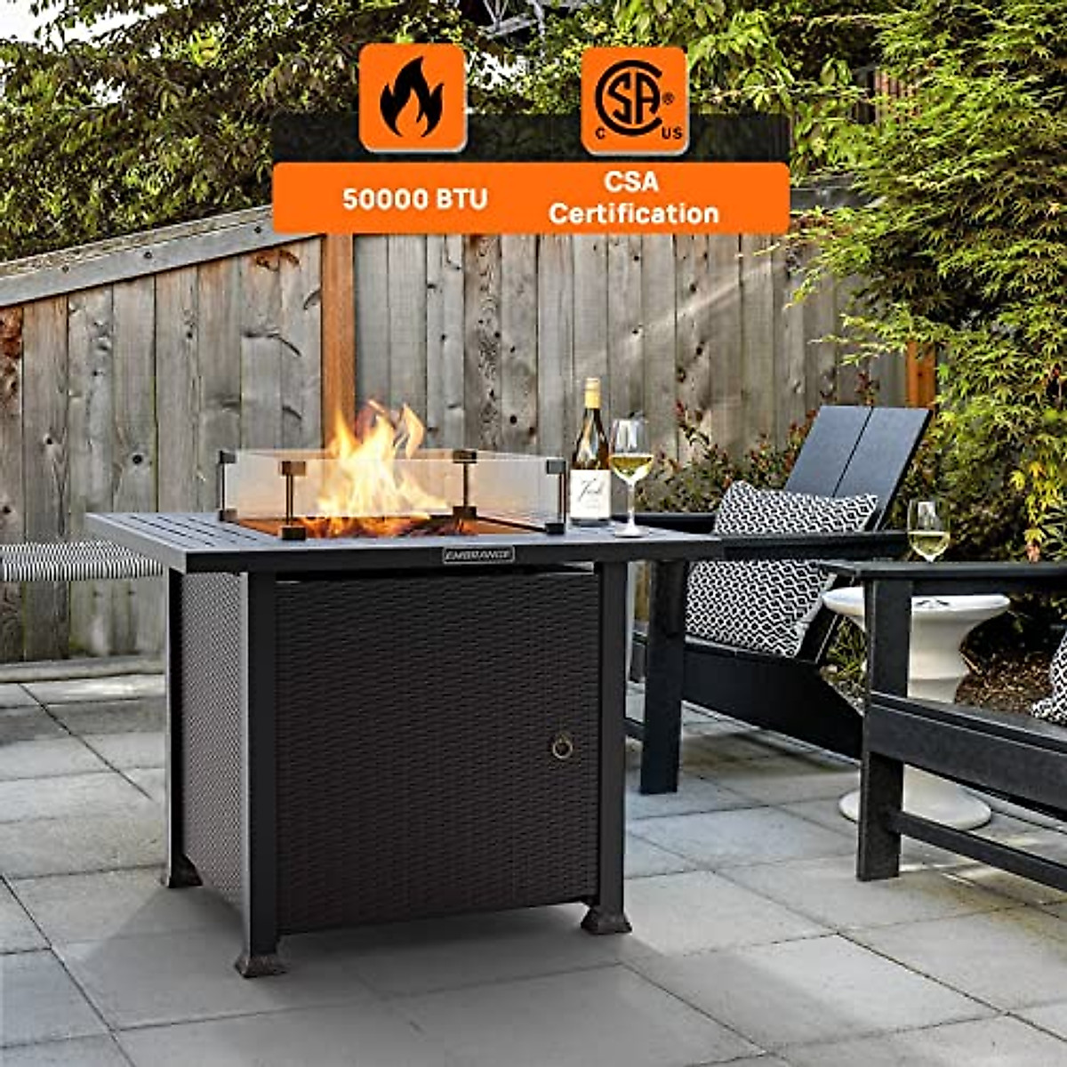EMBRANGE 32In Propane Fire Pit Table,50,000BTU Auto-Ignition Gas Fire Pit Table with Glass Wind Guard, CSA Certification,Outdoor Fire Pit for Deck/Patio/Porch/Poolside, Black