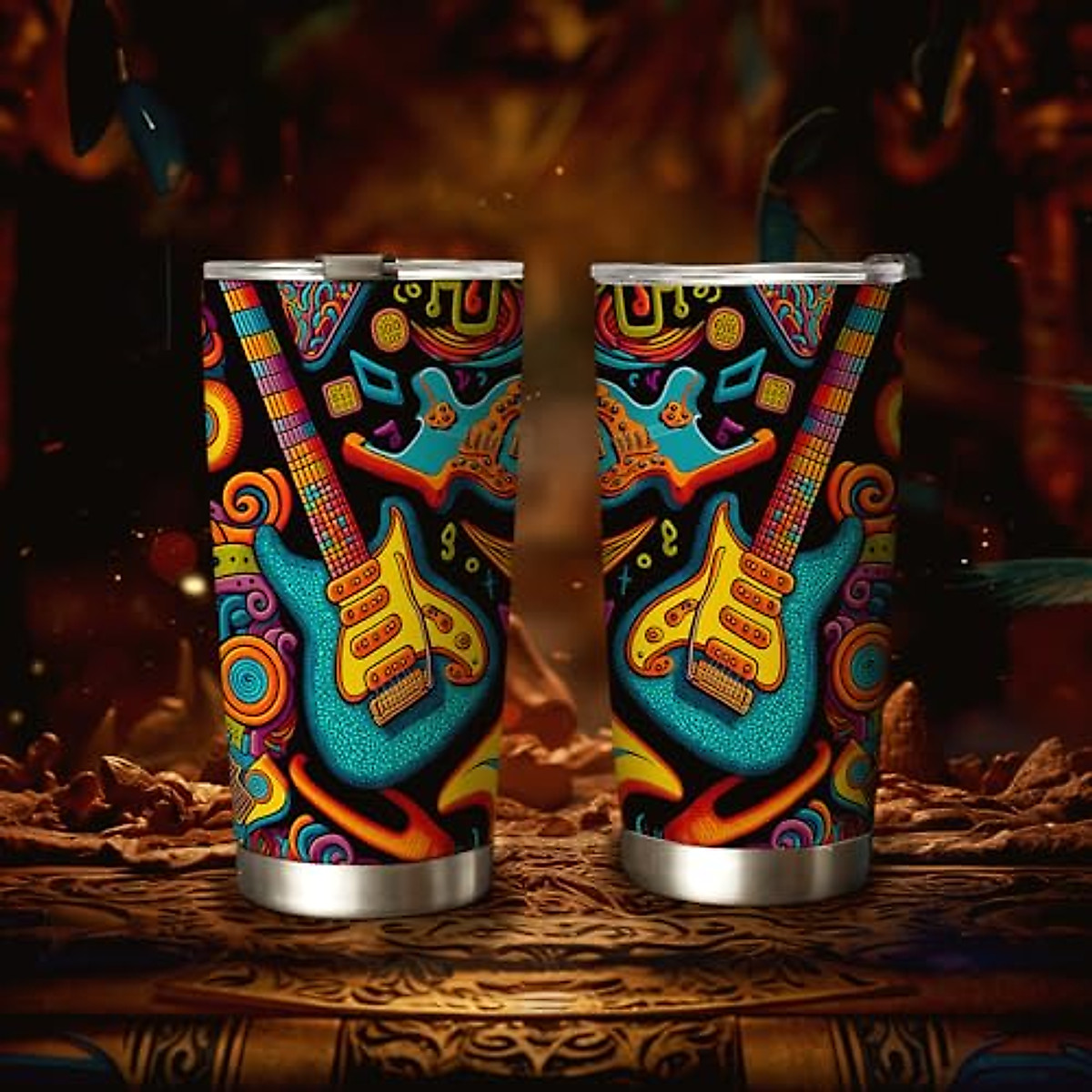 20oz Hippie Electric Guitar, Guitarist, Musician Gifts, Coffee Thermos for Men, Women, Stainless Steel Double Wall Vacuum Insulated Coffee Mug, Travel Cup with Lid