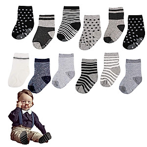 Baby Boy Socks, 12 Pairs Non Slip Toddler Socks Cotton Grip Socks Toddler Socks with Grippers for Baby Boy Infant