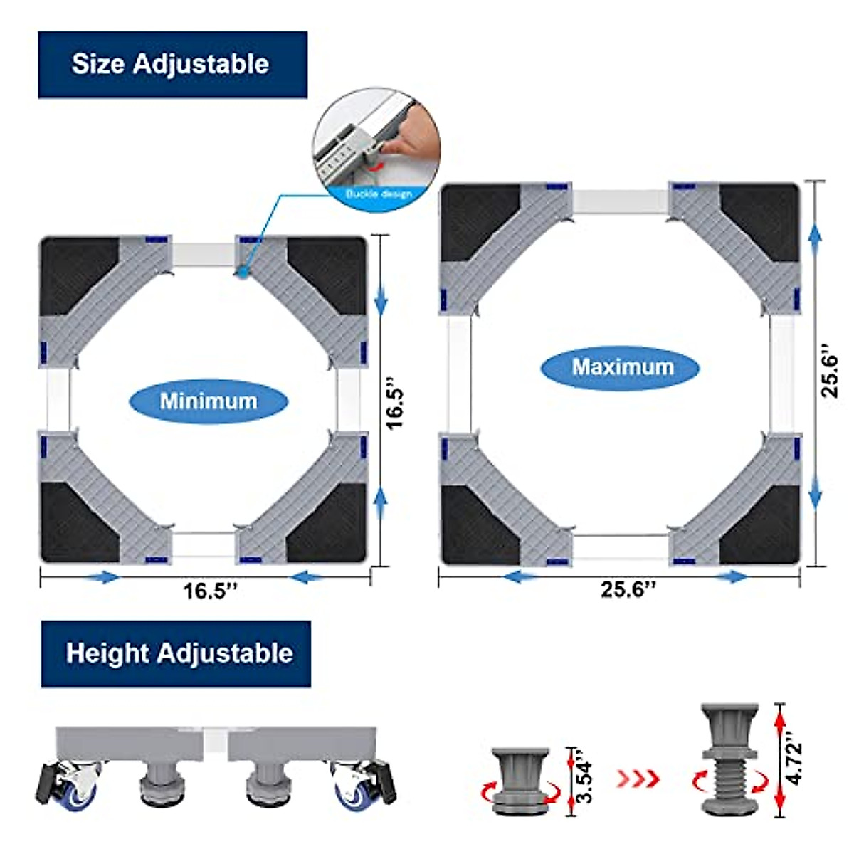 Fridge Stand Universal Mobile Base Movable Washing Machine Base Stand Adjustable Washer Dryer Refrigerator Bases Appliance Dolly Square with 4 Locking Dual-wheel and 8 Lifting Feet (Single-tube)