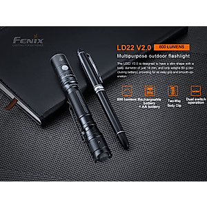 Fenix LD22 v2.0 AA Flashlight, 800 Lumen Rechargeable Penlight for EDC, Compatible with 2X AA Batteries with LumenTac Battery Organizer