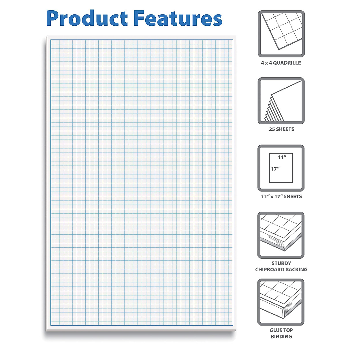 Graph Paper Pad, 17" x 11", 25 Sheets, Blue Line Border, Blueprint Paper, Double Sided, White, 4x4 Blue Quad Rule, Easy Tear Sheets, Grid Paper, Graph Paper by Better Office Products