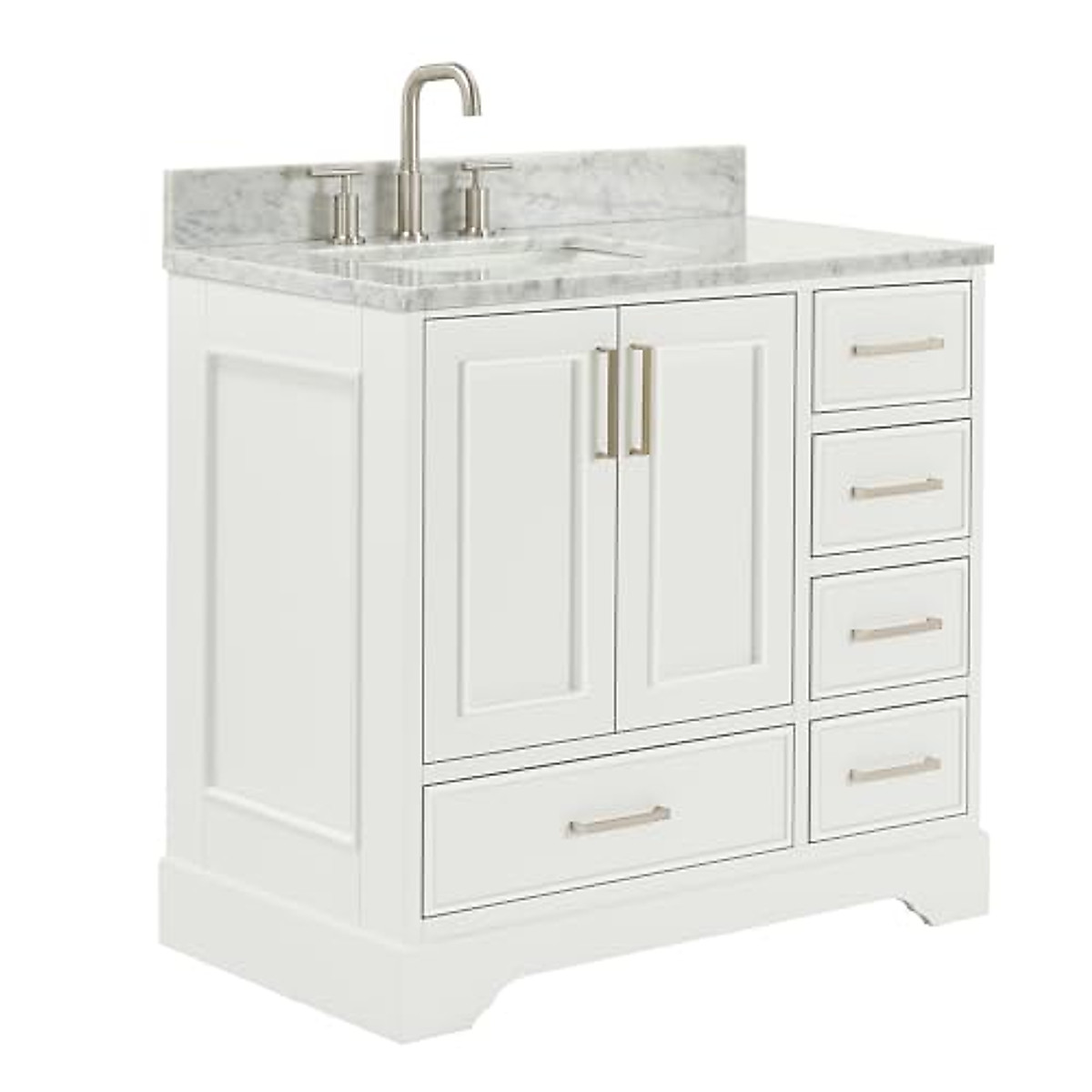 ARIEL Stafford 37 Inch Bathroom Vanity with Sink, White Bathroom Vanity, Solid Wood Vanity Base Cabinet, Carrara Marble Countertop, Left Rectangular Undermount Sink, 2 Soft Closing Doors, 5 Drawers