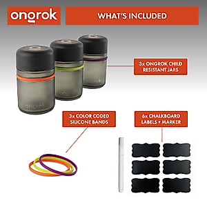 ONGROK Glass Storage Jar, 180ml, 3 Pack, Color-Coded Airtight Glass Containers, UV Air Proof Herb Jar to Stash Goods with Care with Child Resistant Lid